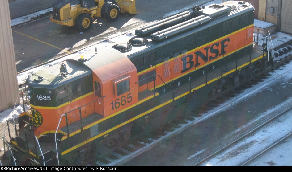 A BNSF torpedo tube GP9 at Northtown yard Mpls MN in March 2012.